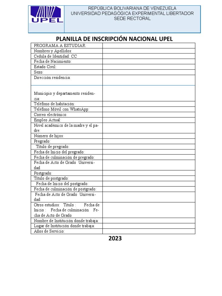 Planilla de Inscripción Nacional Upel | PDF