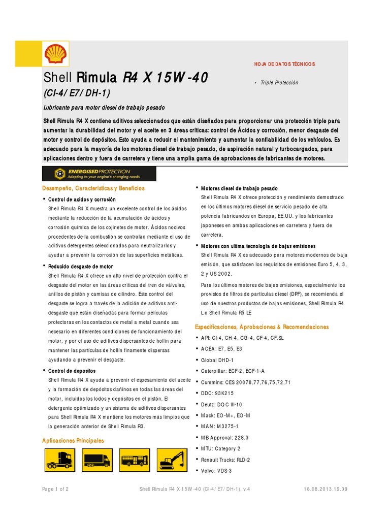 Ficha Técnica Shell Rimula R4 X 15W-40 | PDF | Motor diesel | Lubricante