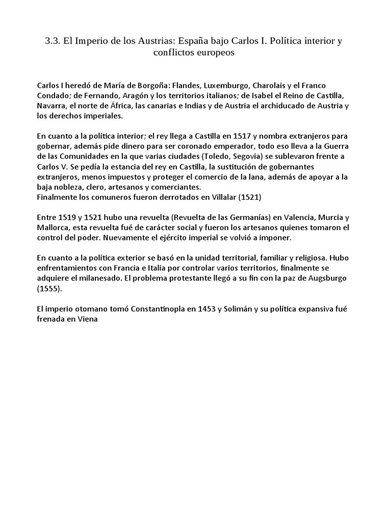 3.3. El Imperio de Los Austrias España Bajo Carlos I. Política Interior y Conflictos Europeos | PDF
