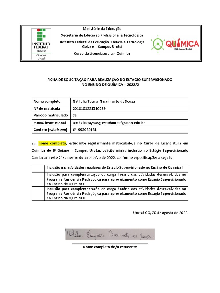 Modelo Ficha de Solicitação de Estágio 2022 - 2 | PDF