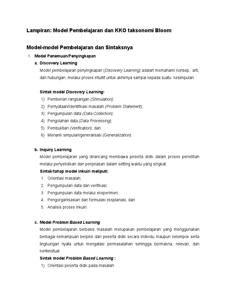 Lampiran: Model Pembelajaran Dan KKO Taksonomi Bloom Model-Model ...