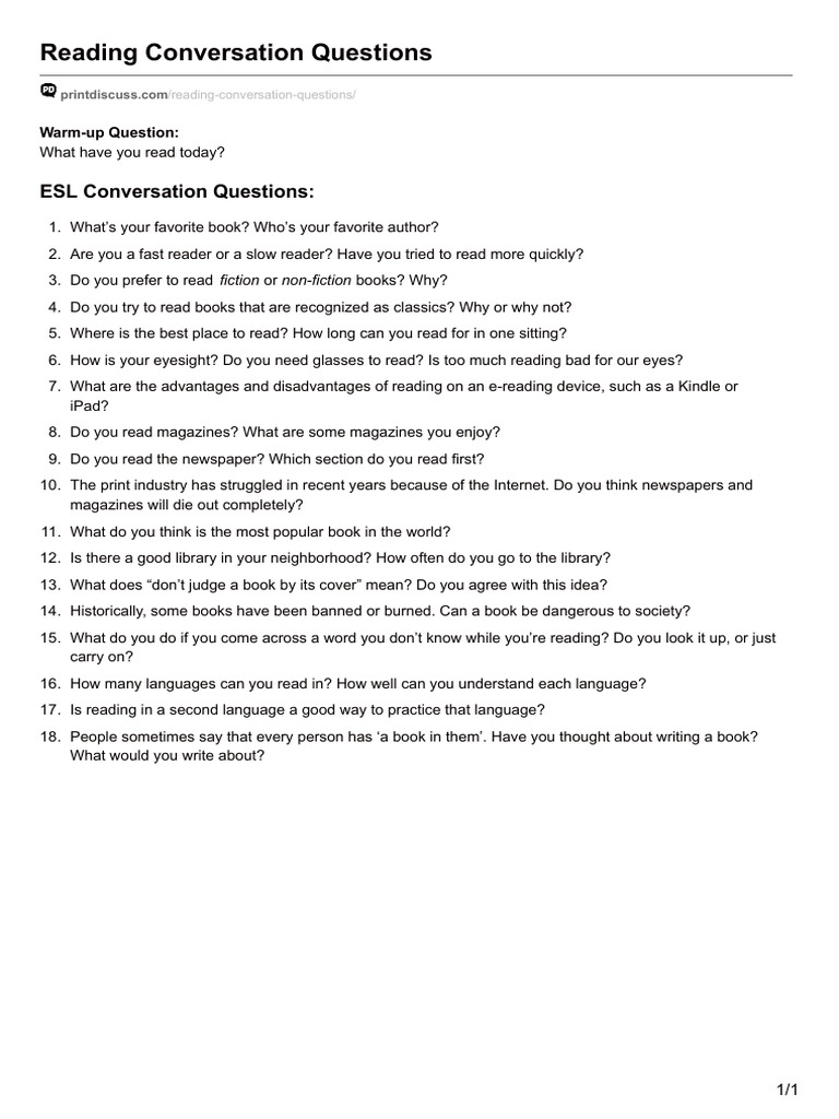 Reading Conversation Questions | PDF
