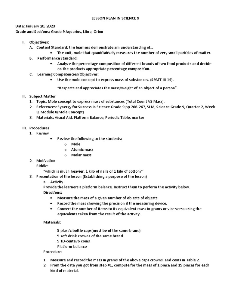 Lesson Plan in Science 9 | PDF | Mole (Unit) | Chemistry