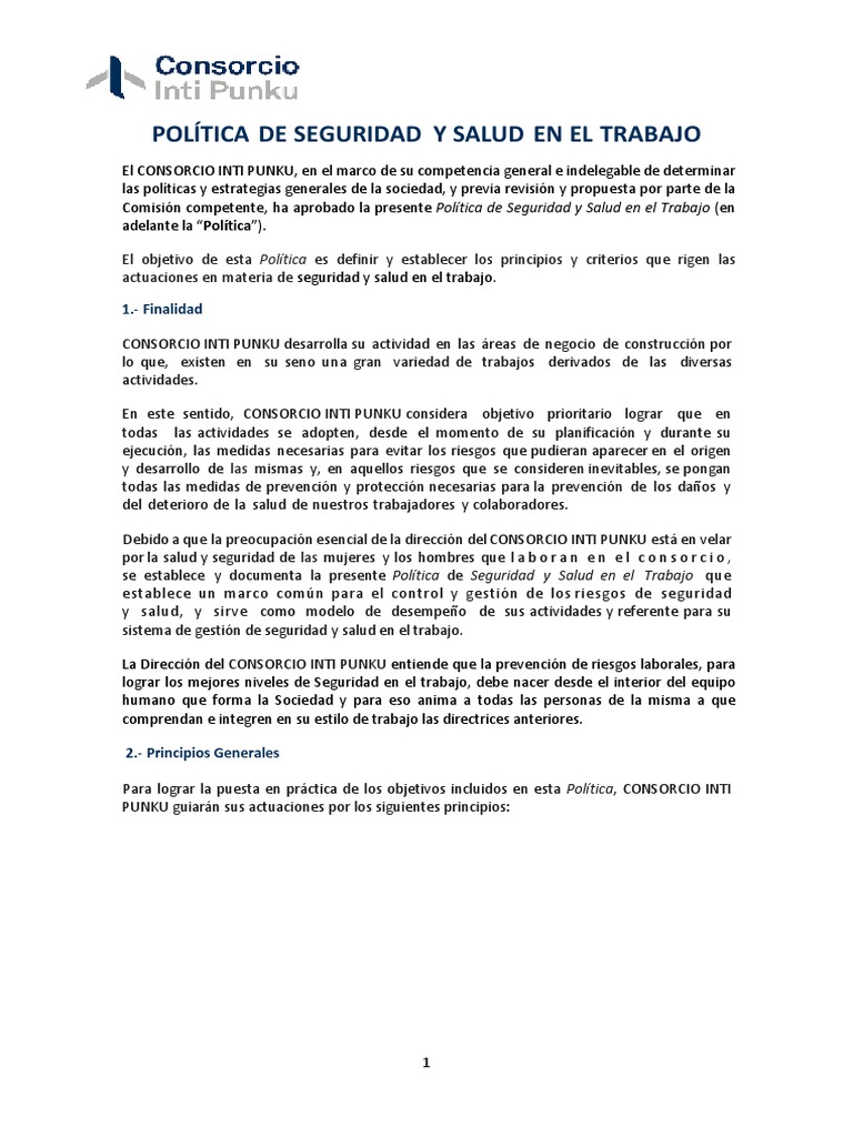 Política de Seguridad Y Salud en El Trabajo | PDF | Valores | Seguridad y salud ocupacional