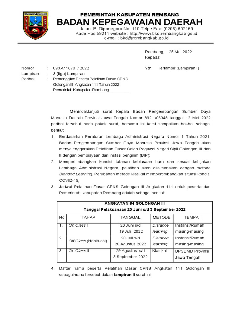SURAT pemanggilan latsar angk 111 2022 | PDF