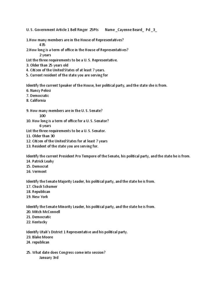 U.S. Government Basics Quiz | PDF