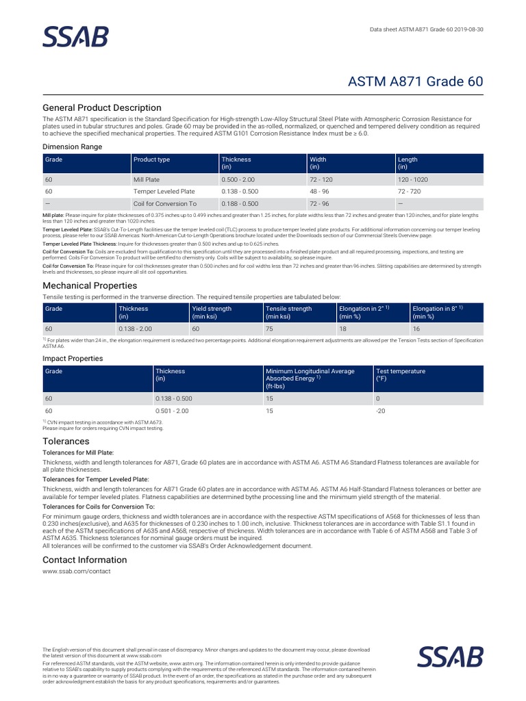 ASTM A871 Grade 60 Steel Specs | PDF | Strength Of Materials | Ultimate ...