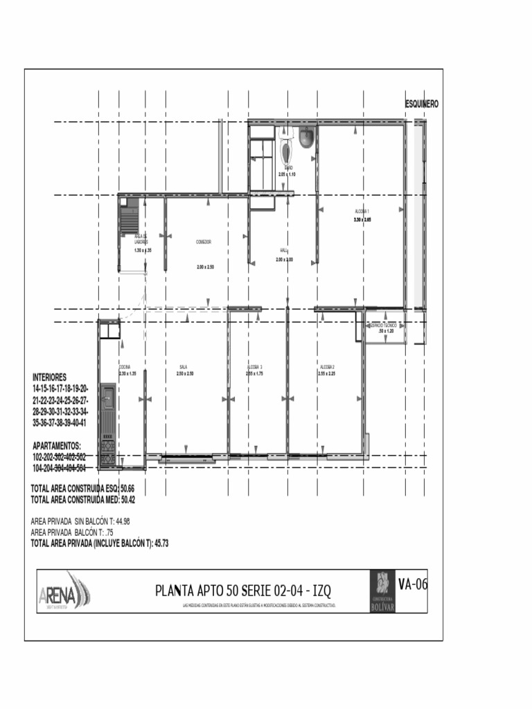 VA-06 Planta Apto 50 Serie 02-04 - Izq: Area Privada Sin Balcón T: 44.98 Area Privada Balcón T ...