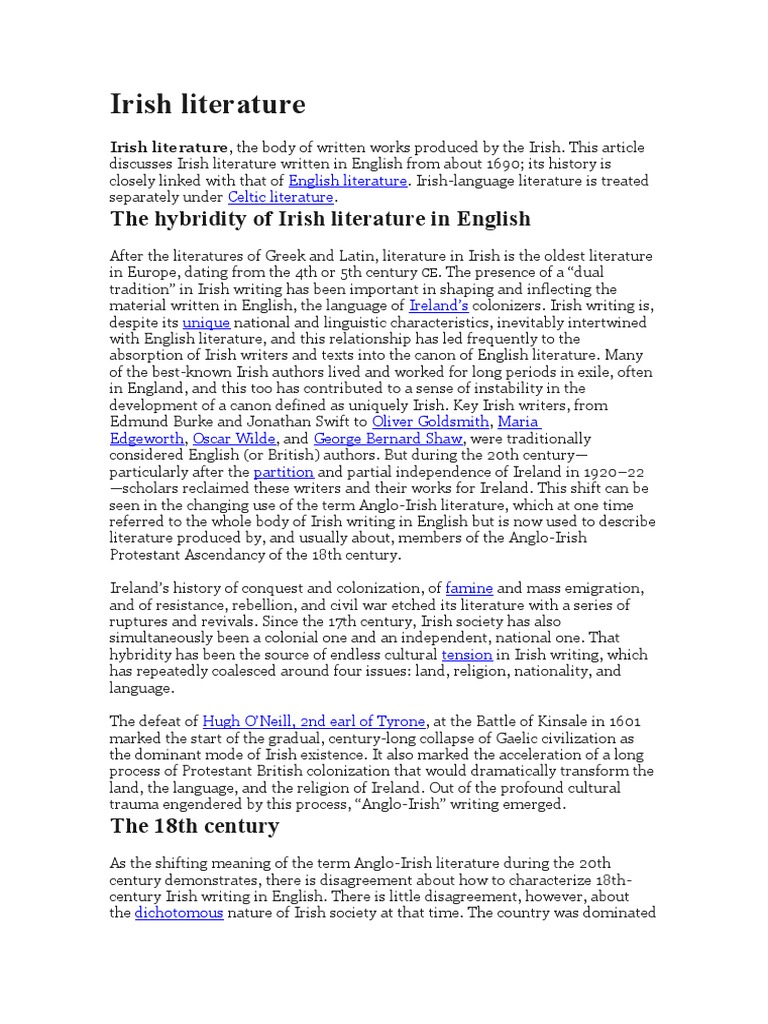 Irish Literature History Pdf Oscar Wilde James Joyce