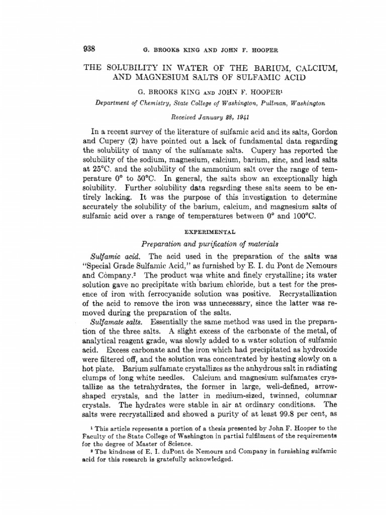 The Solubility in Water of Ba, CA and MG Salts of Sulfamic Acid | PDF ...