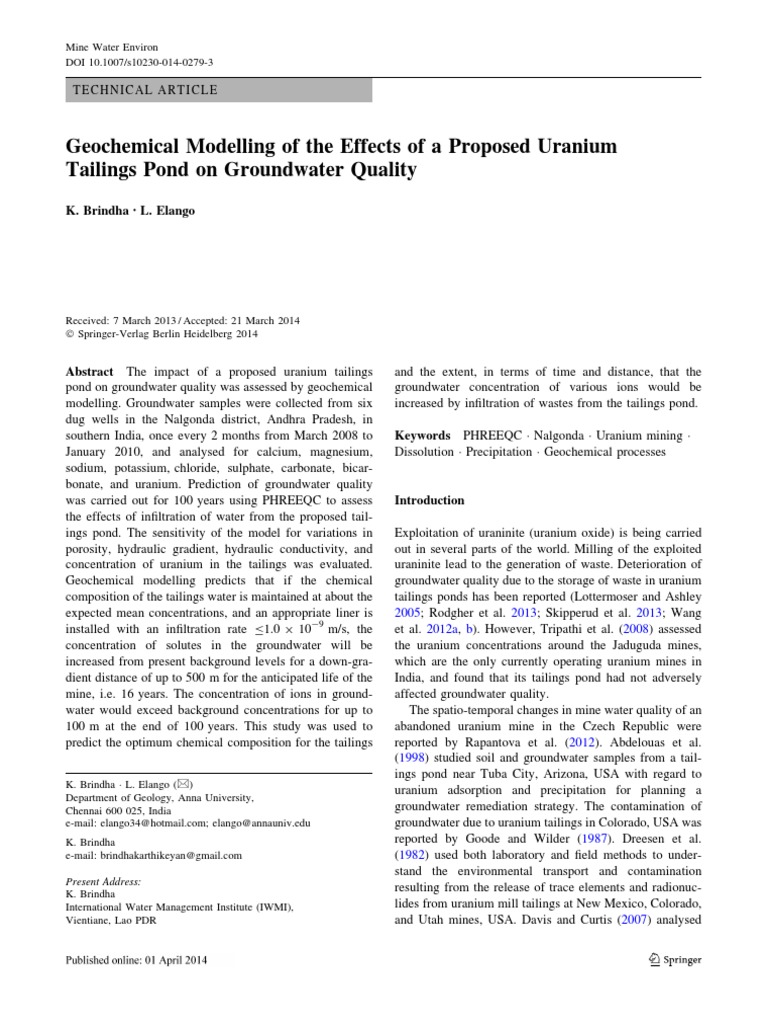 Geochemical Modelling of The Effects of A Proposed Uranium | PDF | Groundwater | Water