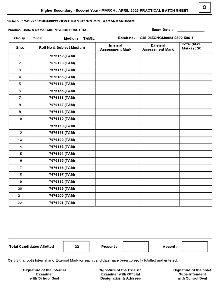 1 1 Pratical Batch Sheet4666 | PDF | Schools | Educational Stages