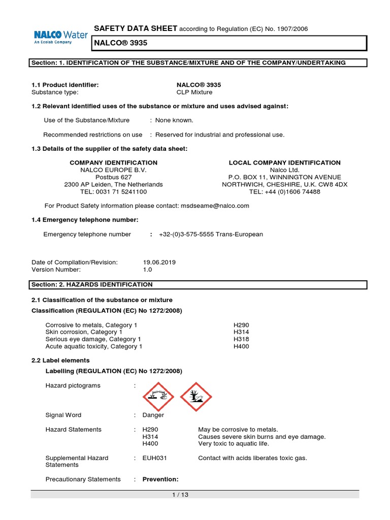 Safety Data Sheet NALCO® 3935 | Download Free PDF | Waste | Dangerous Goods
