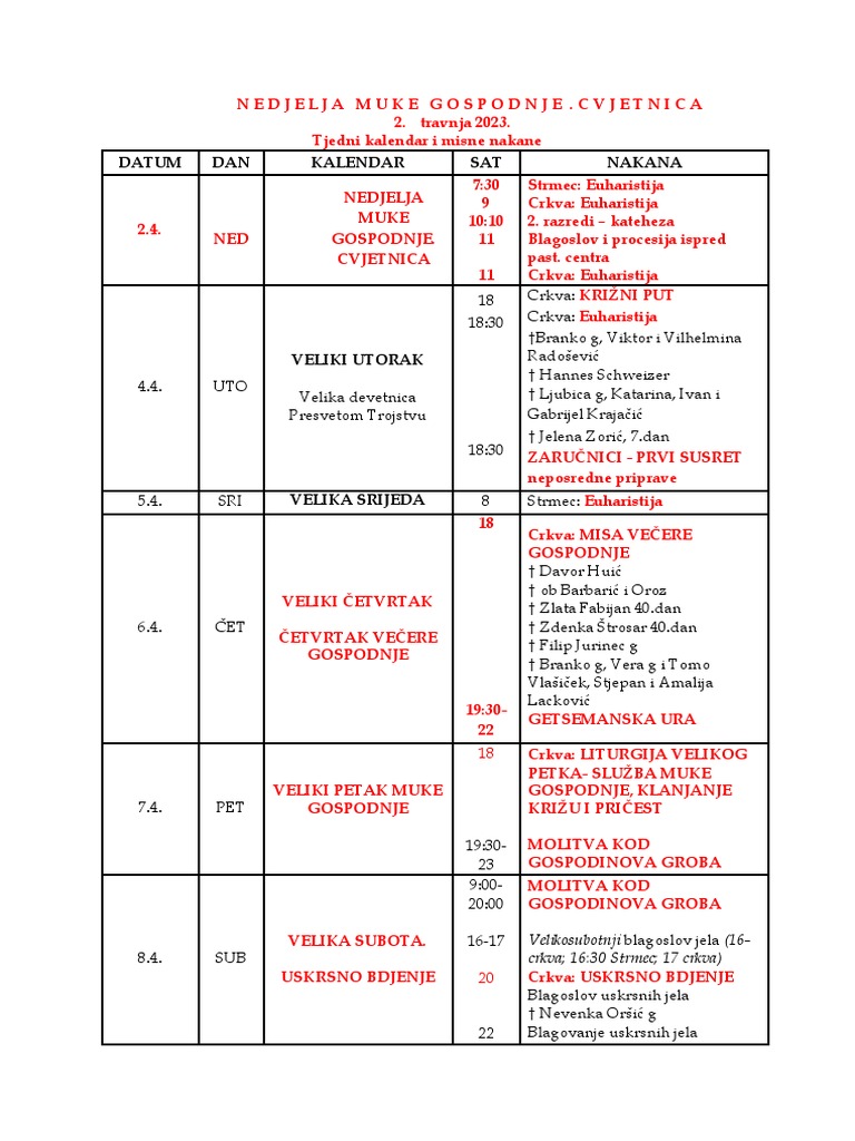 Datum DAN Kalendar SAT Nakana: Velikosubotnji Blagoslov Jela (16-Crkva ...