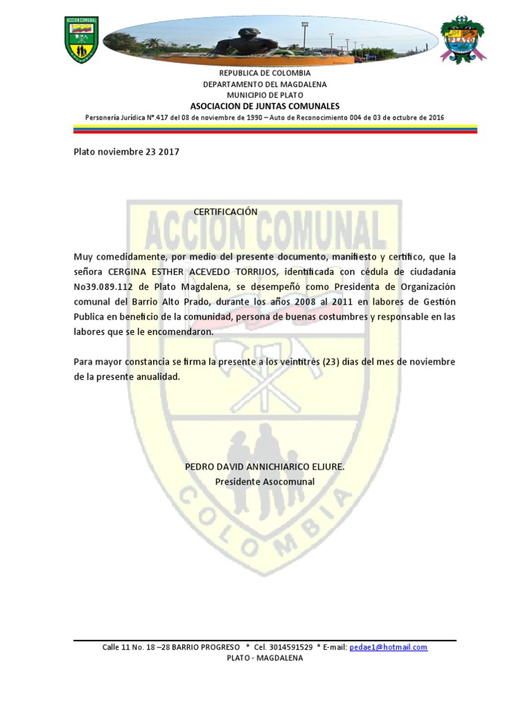 Certificación Asociacion de Juntas de Accion Comunal Agosto | PDF | Colombia | Justicia