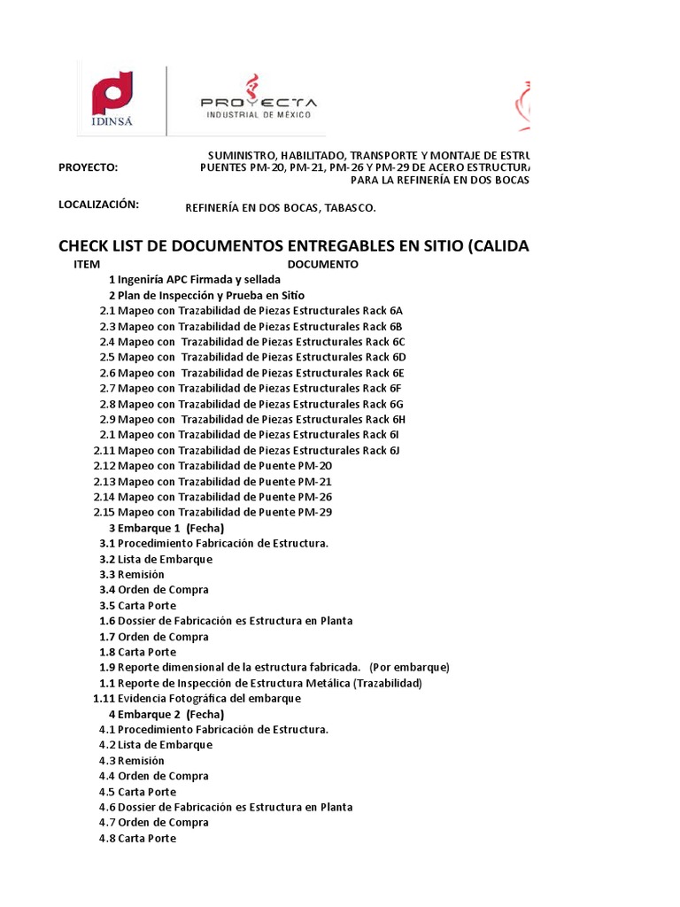 Check List de Documentos Entregables en Sitio (Calidad en Obra) | PDF ...