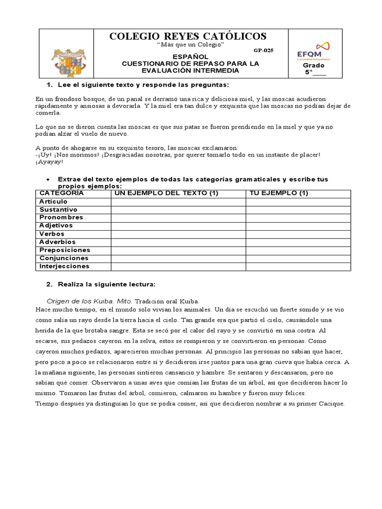 Cuestonario de Repaso para La Evaluación Intermedia Grado 5° | PDF ...