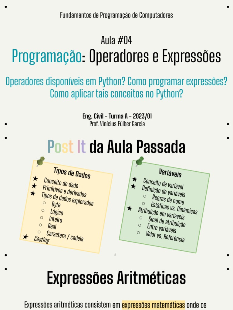 Aula #04 - Programação - Operadores e Expressões | PDF | Aritmética ...