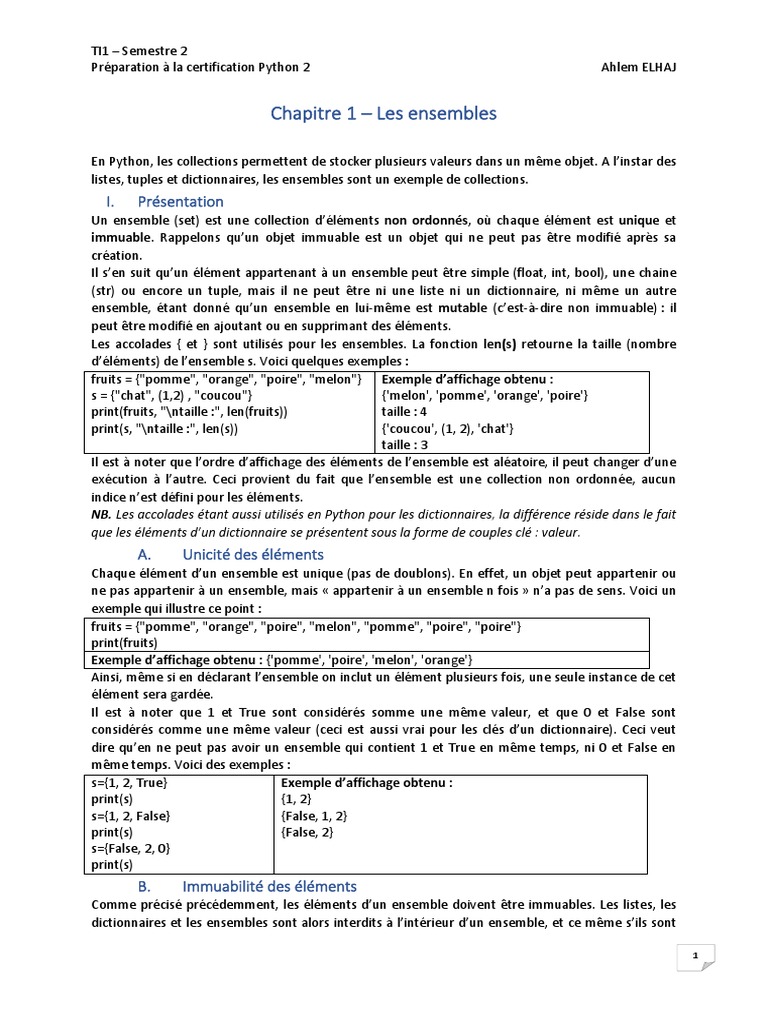 Ensembles en Python : caractéristiques et méthodes | PDF | Inclusion ...