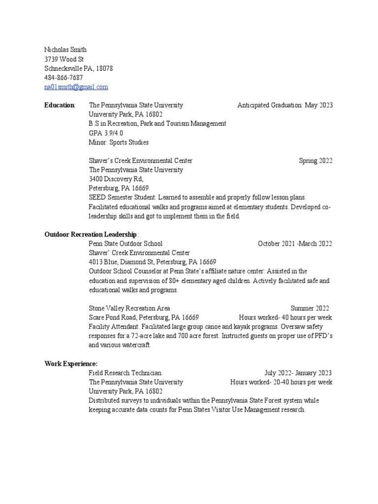 Nicholas Smith Resume 1 | PDF | Pennsylvania State University
