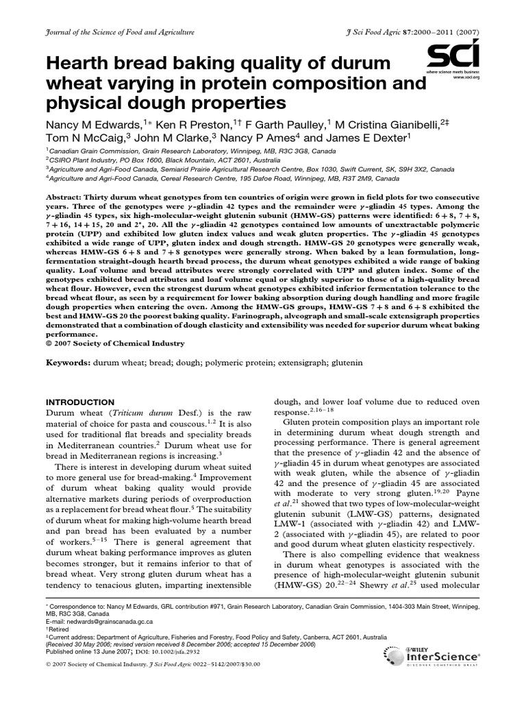 Hearth Bread Baking Quality of Durum Wheat Varying in Protein Composition and Physical Dough ...
