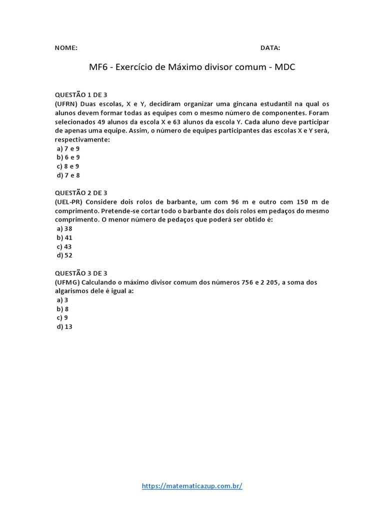 MF6 Exercício de Máximo Divisor Comum MDC | PDF | Métodos e Materiais de Ensino | Ciências e ...