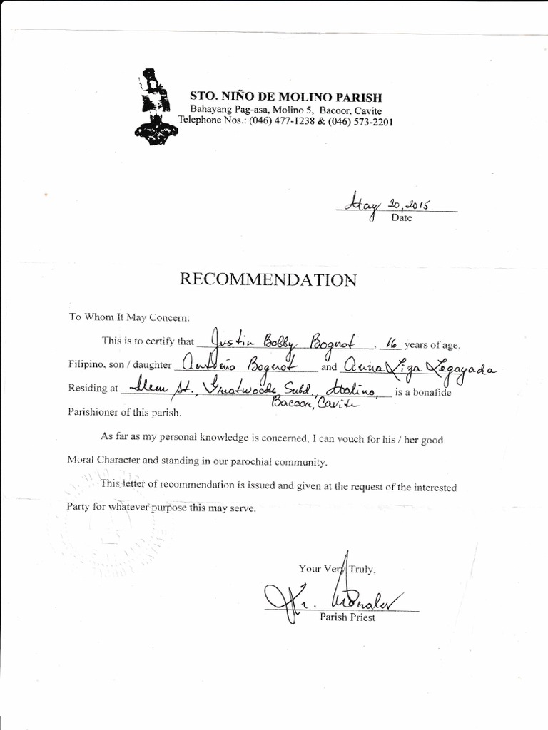 Parish Recommendation Letter Template | PDF