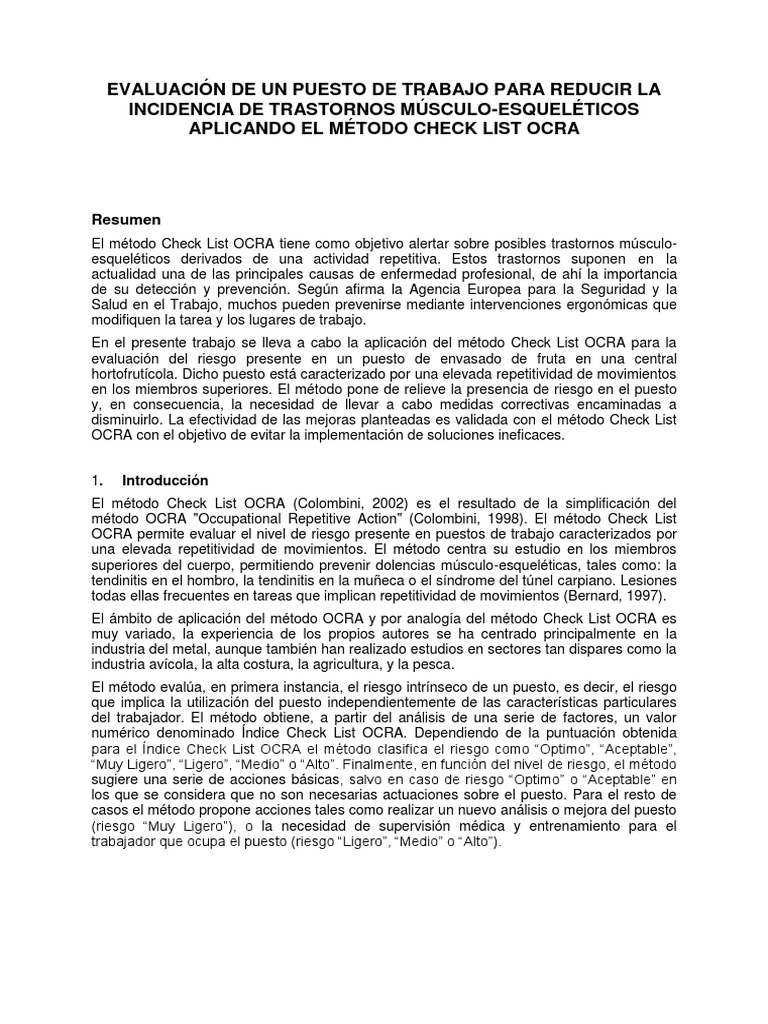OCRA | PDF | Factores humanos y ergonomía | Fuerza