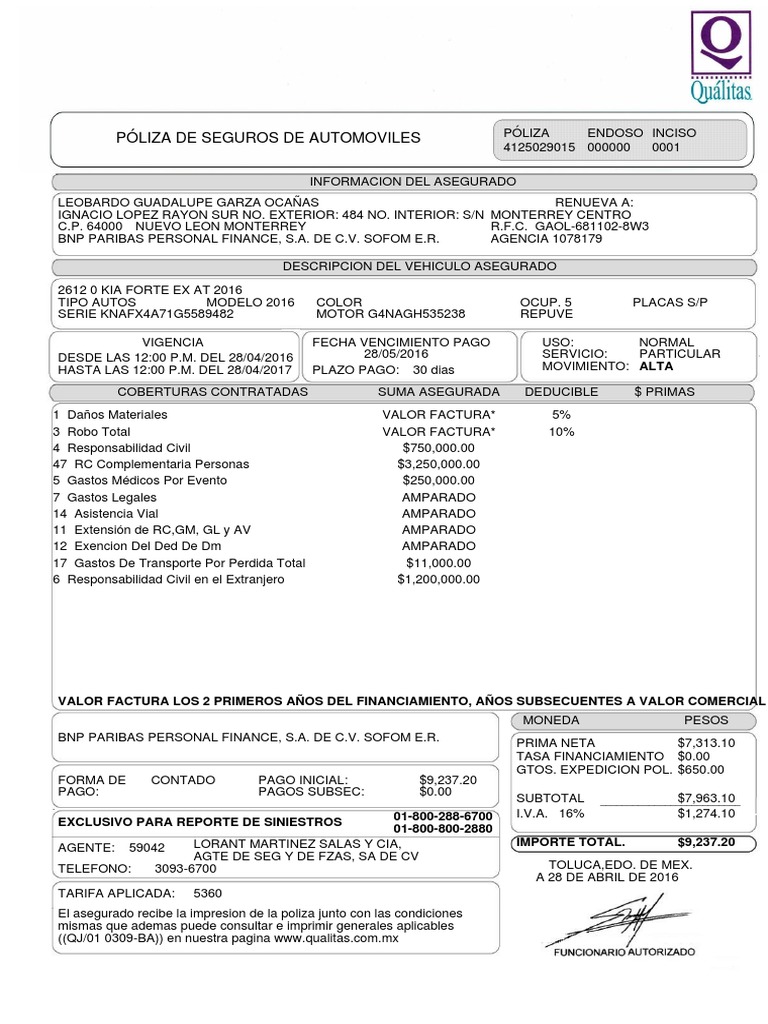 Póliza de Seguros de Automoviles | PDF | Seguro | Industrias de servicio
