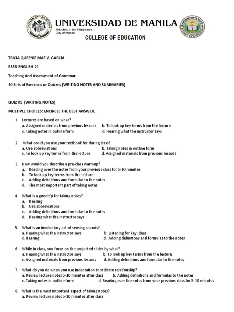 Tricia Queenie Mae V. Garcia Bsed English-21 Teaching and Assessment of Grammar 10 Sets of ...