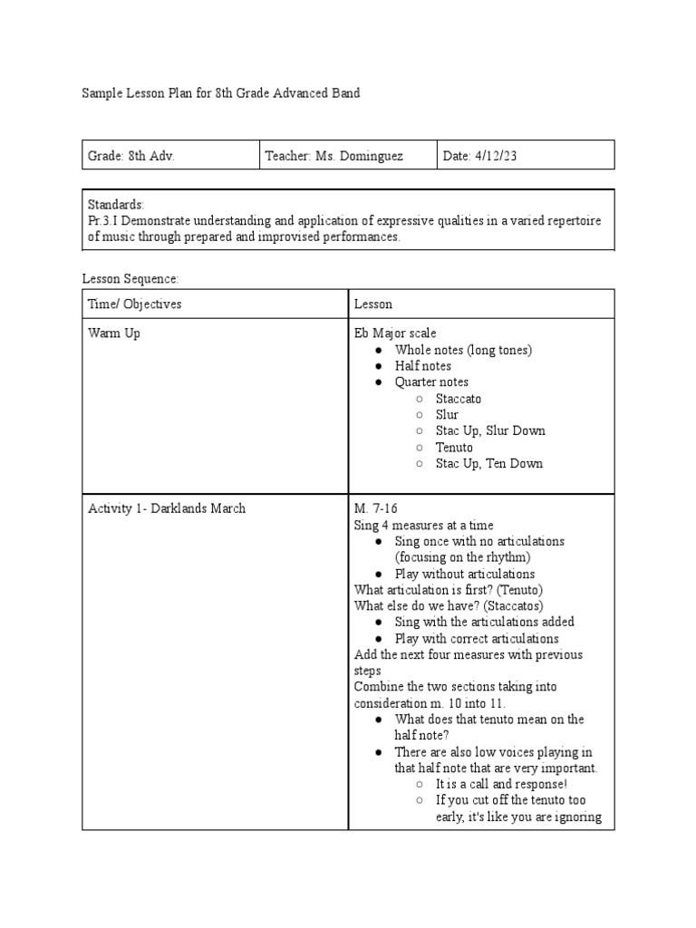8th Grade Advanced Band Lesson Plan | PDF | Performing Arts | Musical ...