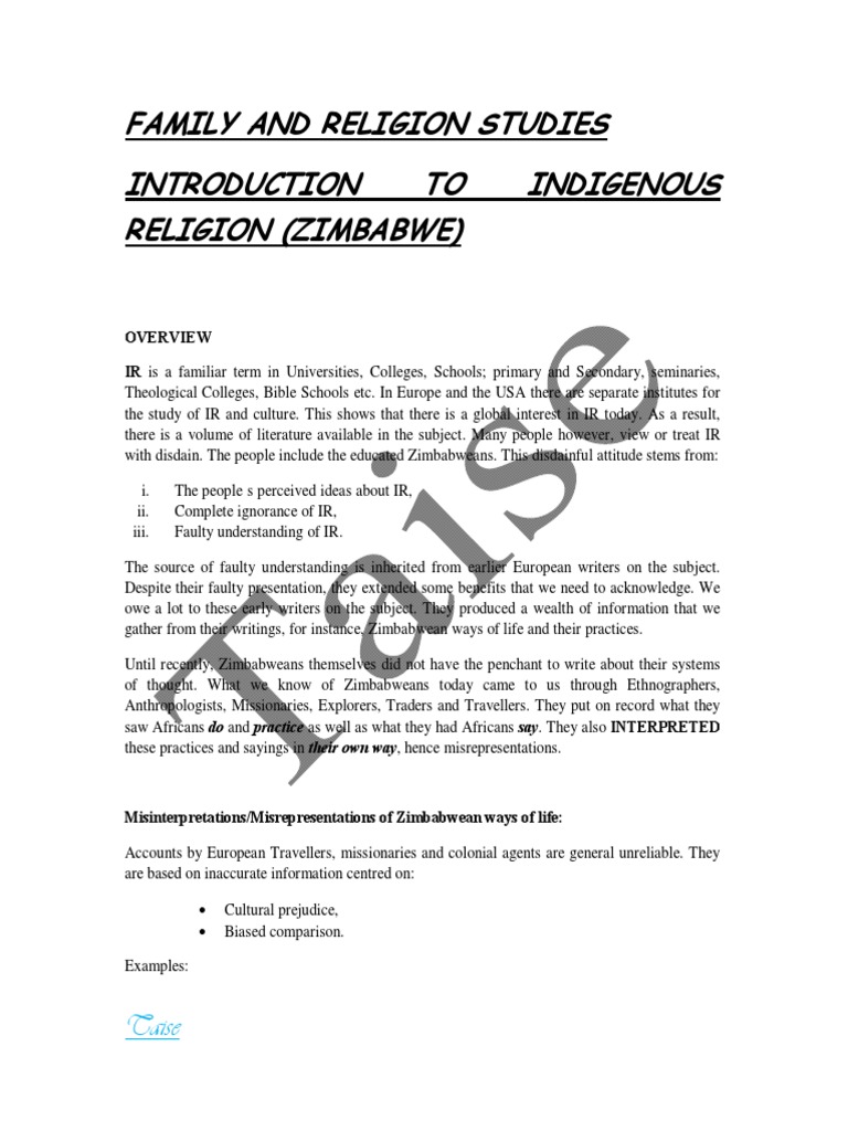 Family and Religion Studies TO Indigenous Religion (Zimbabwe) | PDF ...