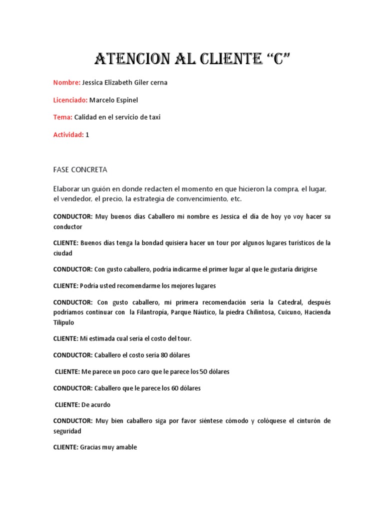 Atencion Al Cliente "C": Jessica Elizabeth Giler Cerna Marcelo Espinel Calidad en El Servicio de ...