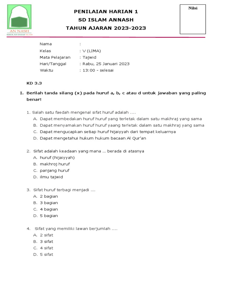 PH 1 Tajwid Genap Kelas 5 Tks | PDF