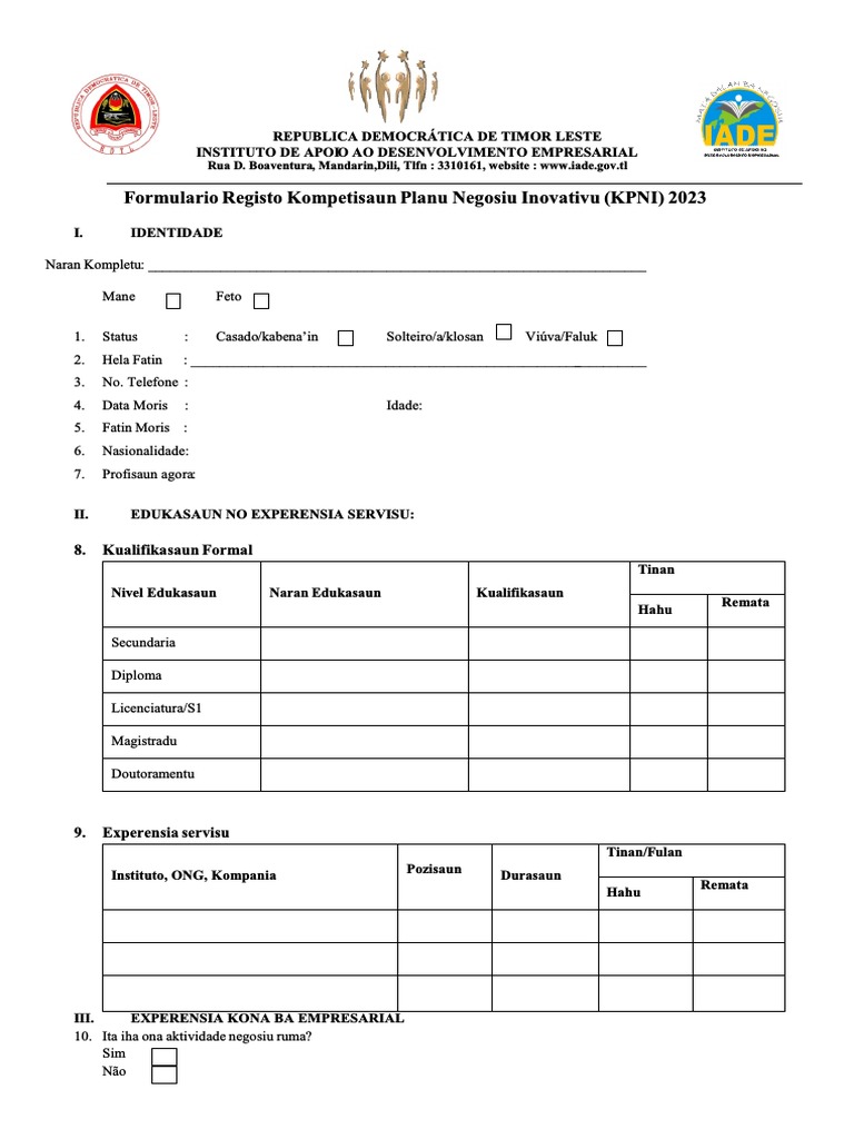 Formulario Registo Kompetisaun Planu Negosiu Inovativu (KPNI) 2023 | PDF