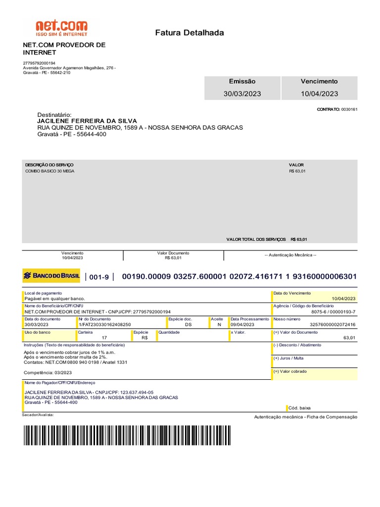 Fatura Detalhada Fatura Detalhada: Provedor de Internet Internet | PDF
