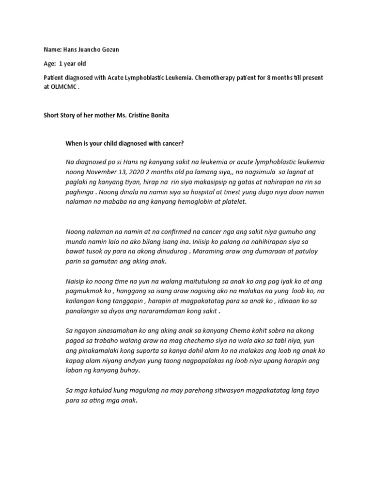 Short Story of A Parent With A Child Battling Cancer | PDF