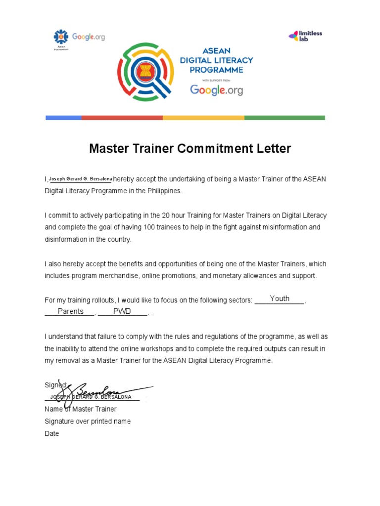 ADLP Master Trainer Commitment Letter - Signed by Joseph Gerard ...