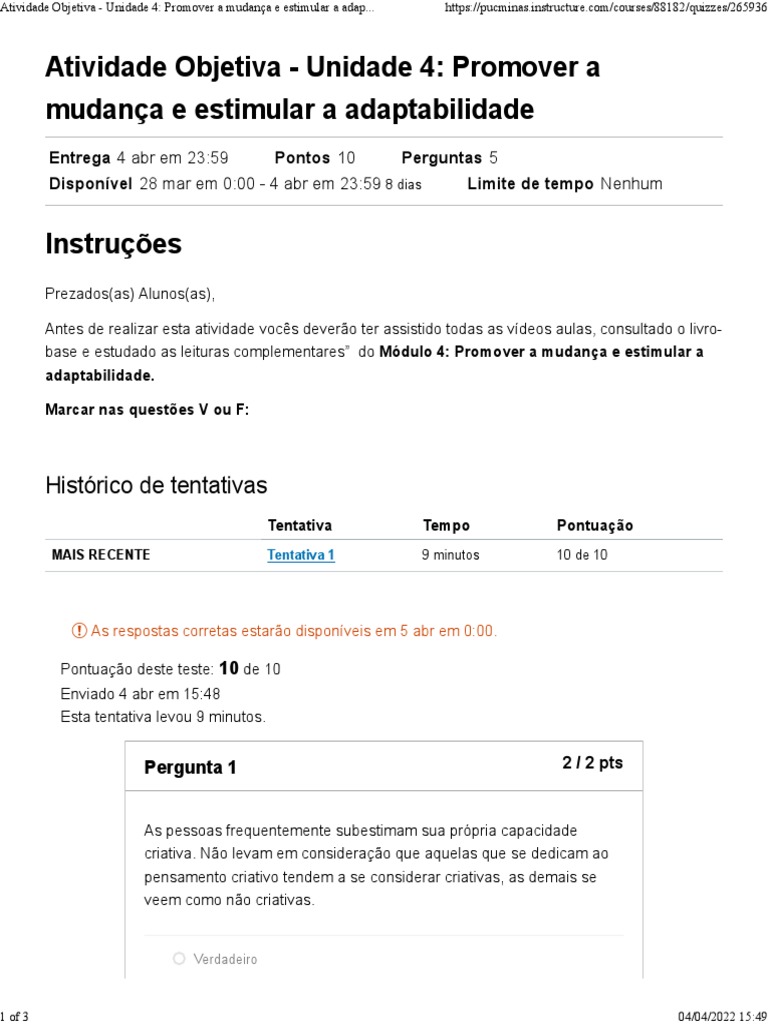 Atividade Objetiva - Unidade 4 - Promover A Mudança e Estimular A ...