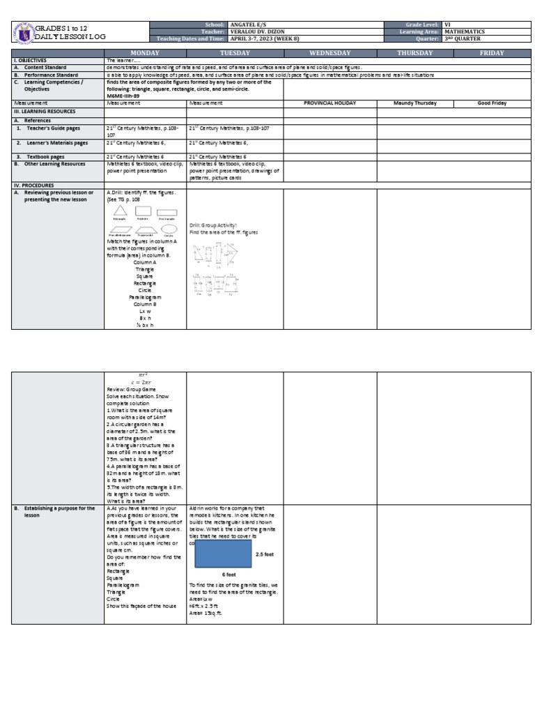 DLL - Mathematics 6 - Q3 - W8 | PDF | Area | Rectangle