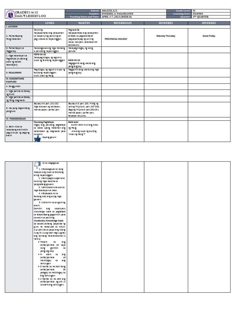 DLL - Filipino 6 - Q3 - W8 | PDF