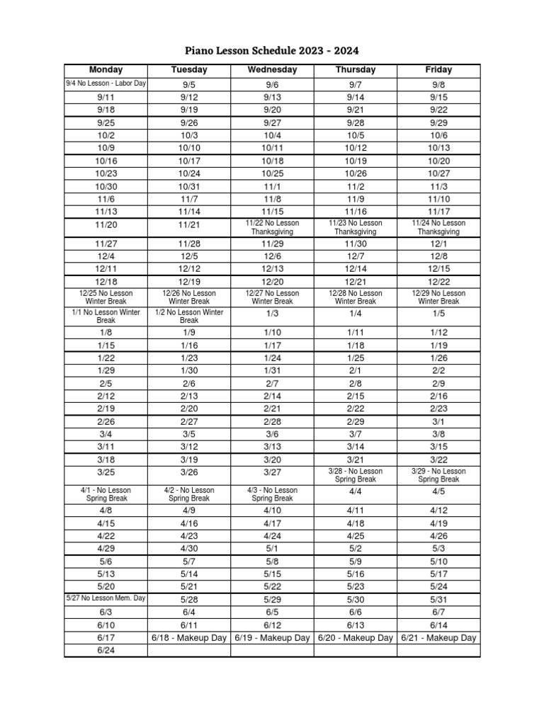 Piano Lesson Calendar 2023-2024 | PDF