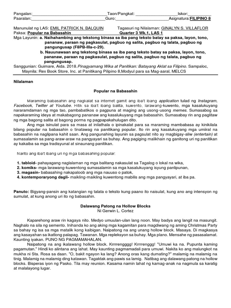 Filipino 8 Quarter 3 Week 1 Las#1 | PDF