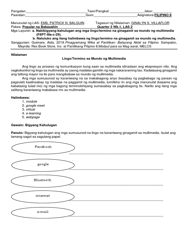 Filipino 8 Quarter 3 Week 1 Las#2 | PDF