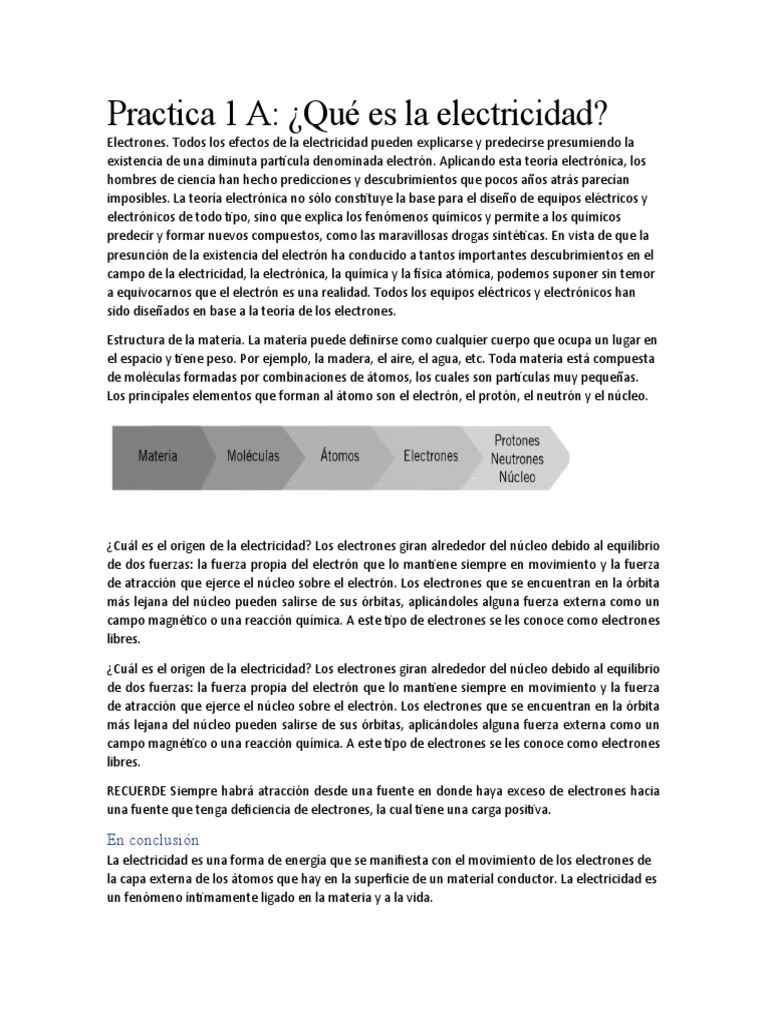 Practica 1 A: ¿Qué Es La Electricidad?: en Conclusión | PDF | Electrón | Electricidad