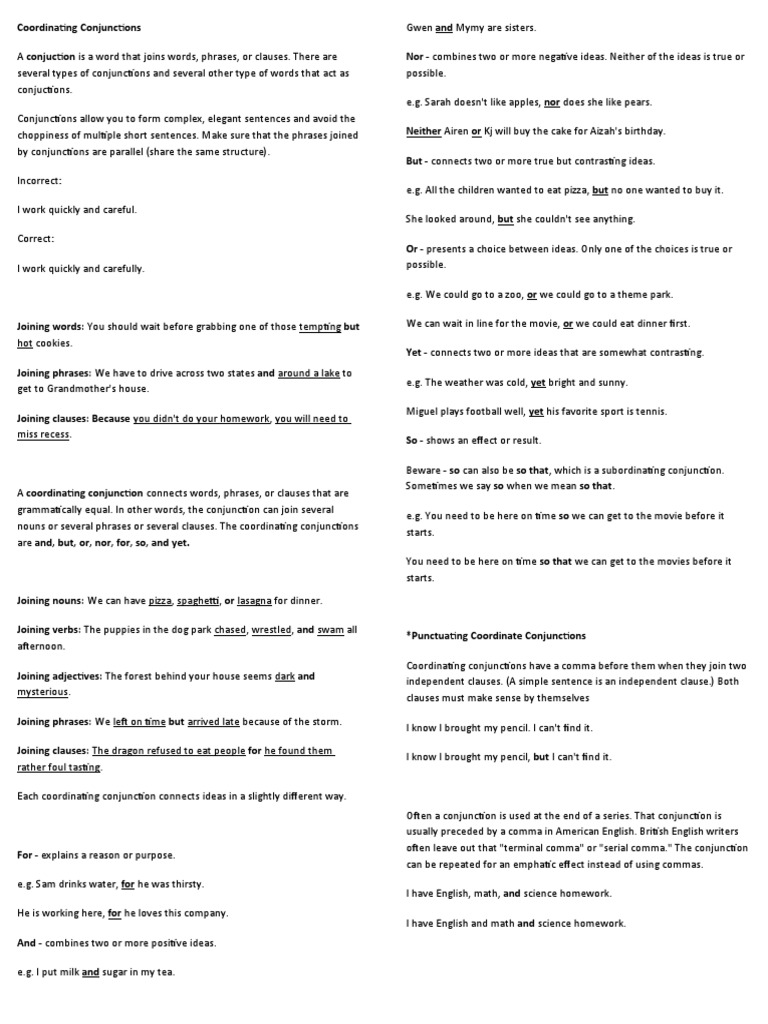 Coordinating Conjunctions Pdf Linguistics Grammar
