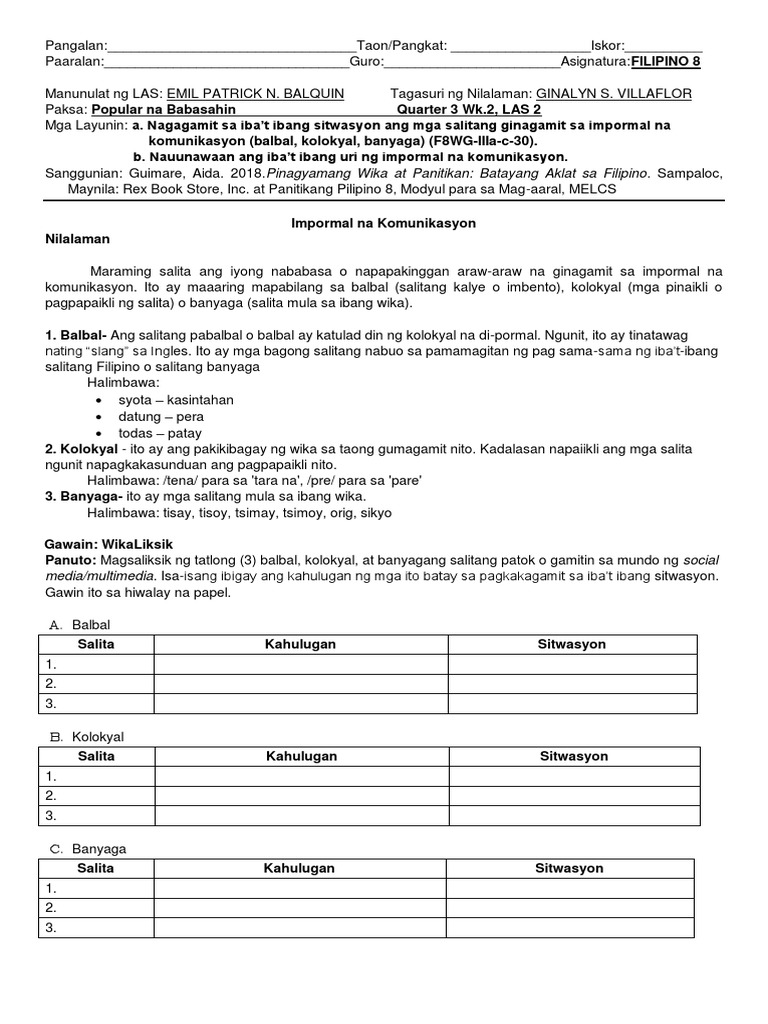 Filipino 8 Quarter 3 Week 2 Las#2 | PDF