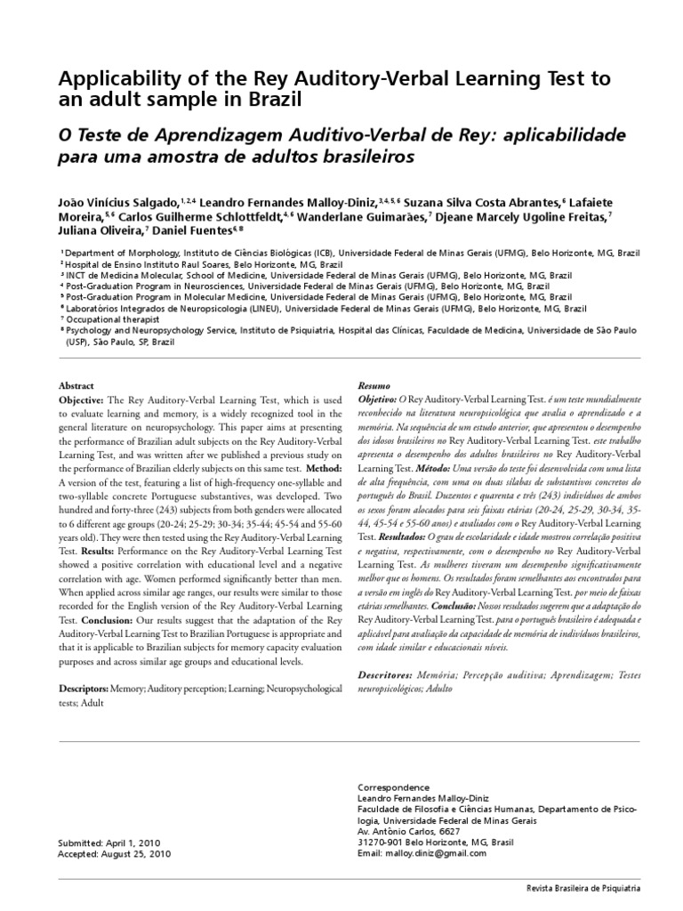 Applicability of The Rey Auditory-Verbal Learning Test To An Adult ...