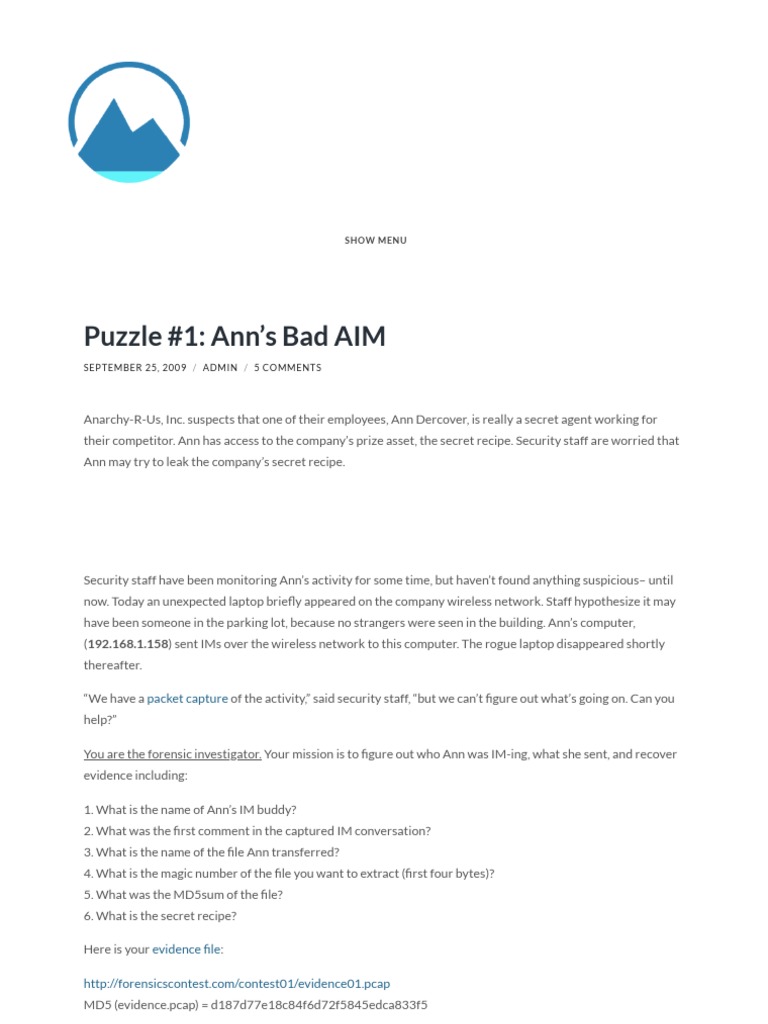 Puzzle #1 - Ann's Bad AIM - Network Forensics Puzzle Contest | PDF