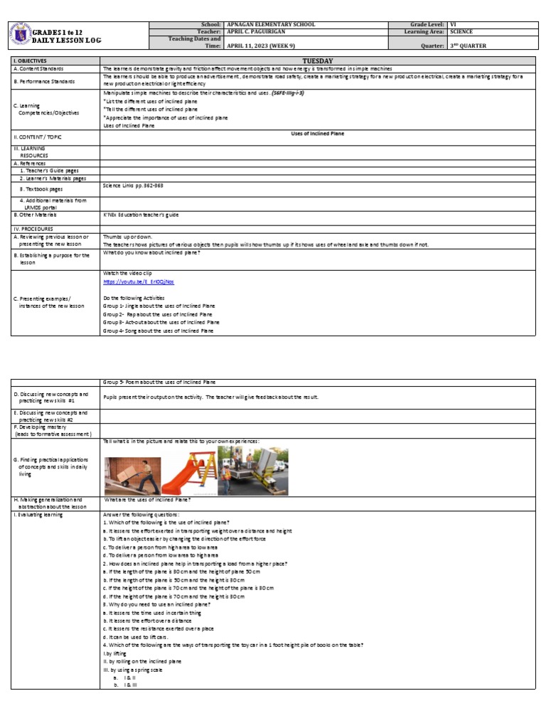 GRADES 1 To 12 Daily Lesson Log Tuesday | PDF | Learning | Cognition